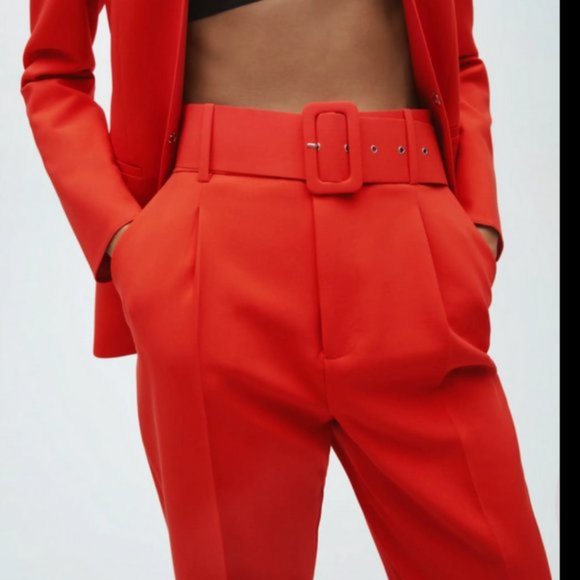Zara | Pants & Jumpsuits | Zara Red Pants With Fabriccovered Belt ...